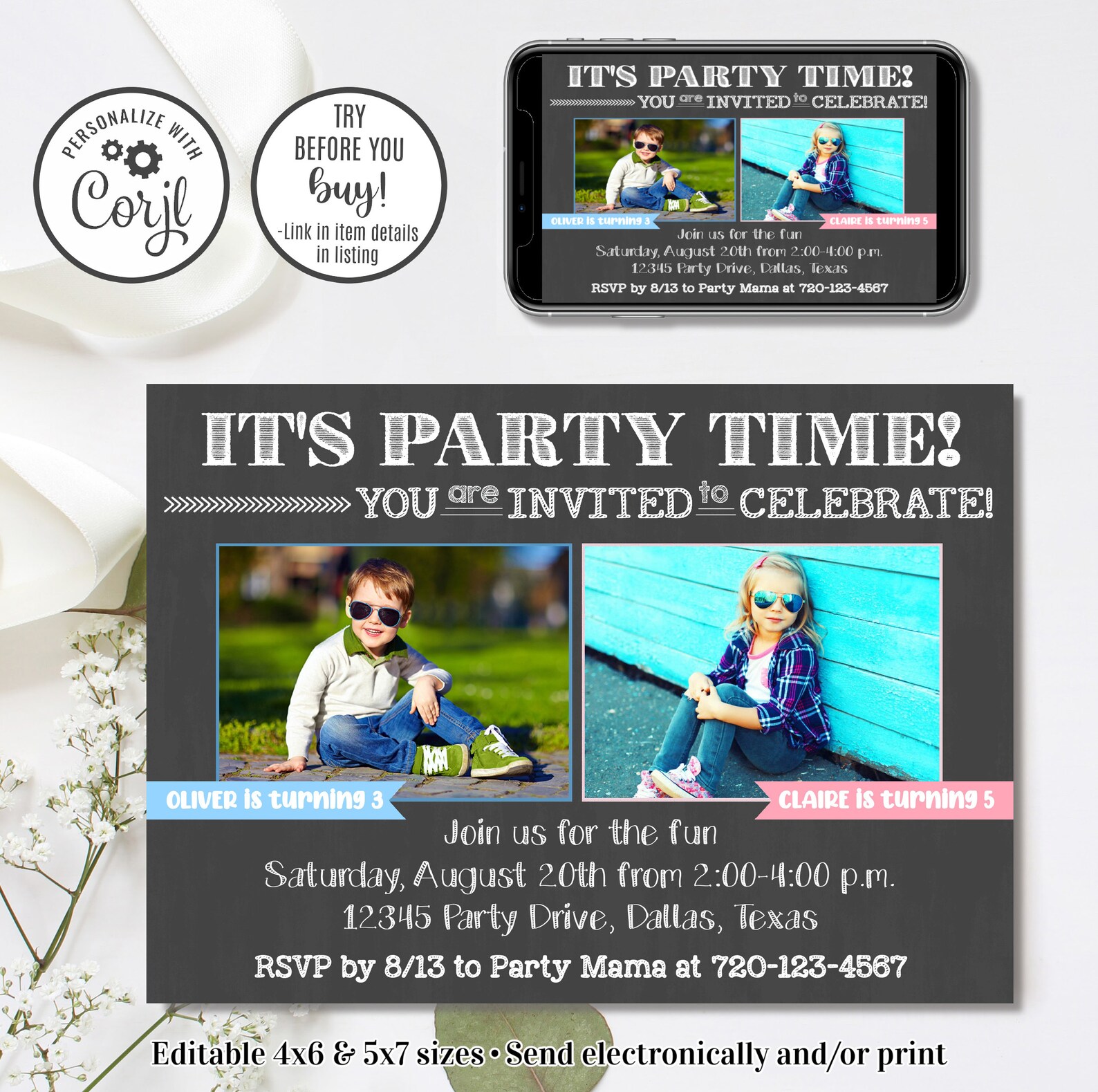 Editable Double Birthday Invitation Boy Girl Joint Birthday - Etsy