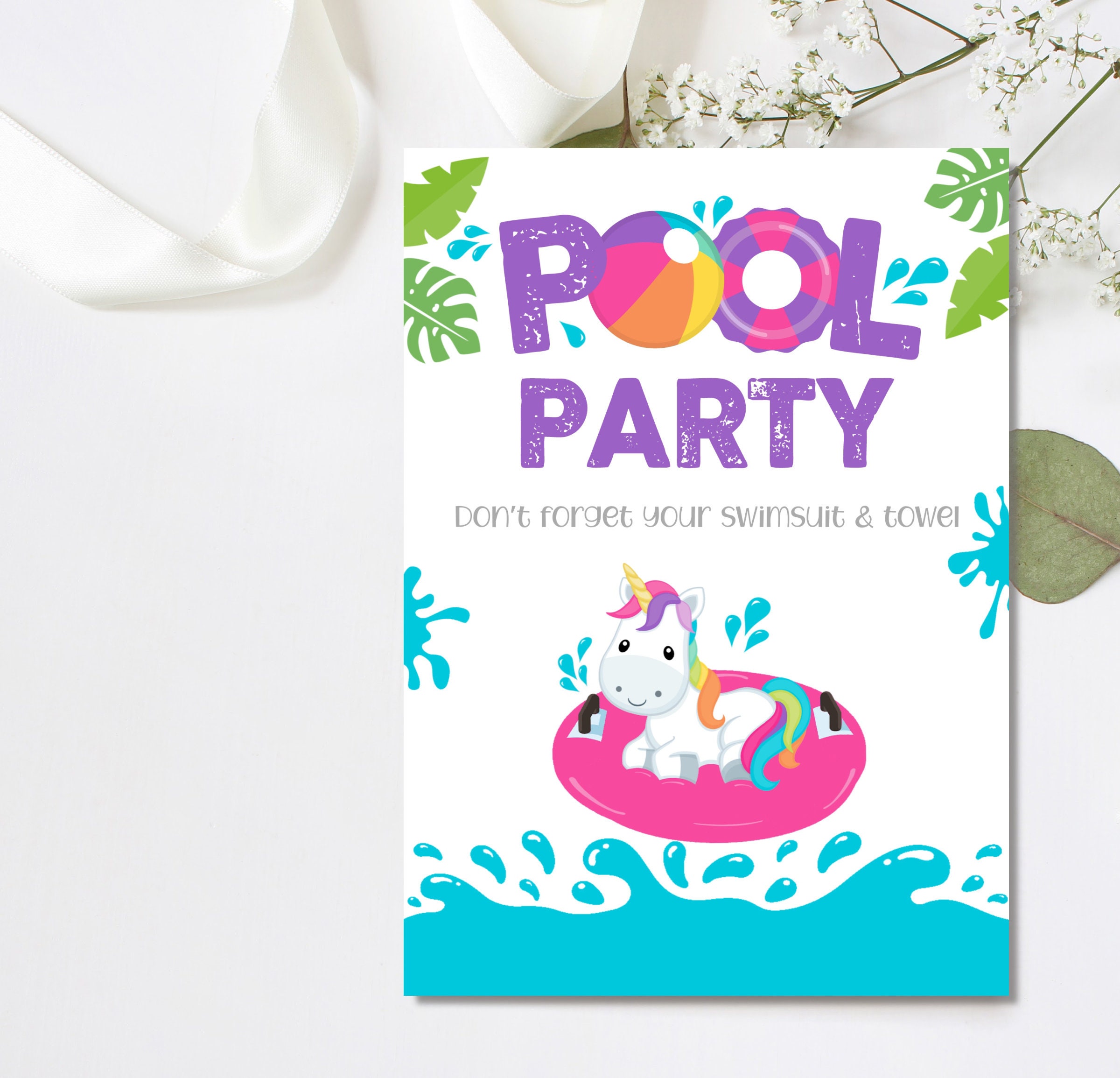 Editable Unicorn Pool Party Invitation, Unicorn Pool Party Birthday ...