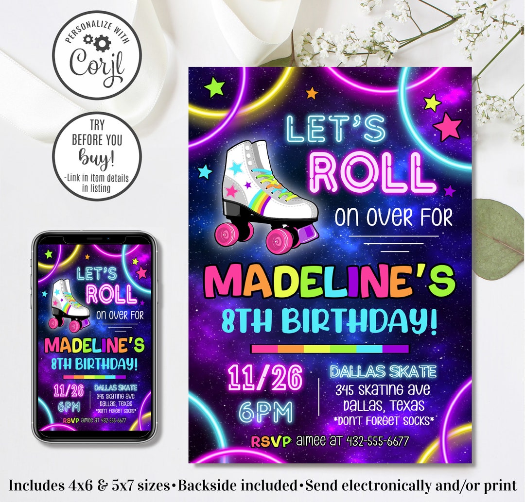 Editable Roller Skate Birthday Invitation, Glow Skating Invitation ...