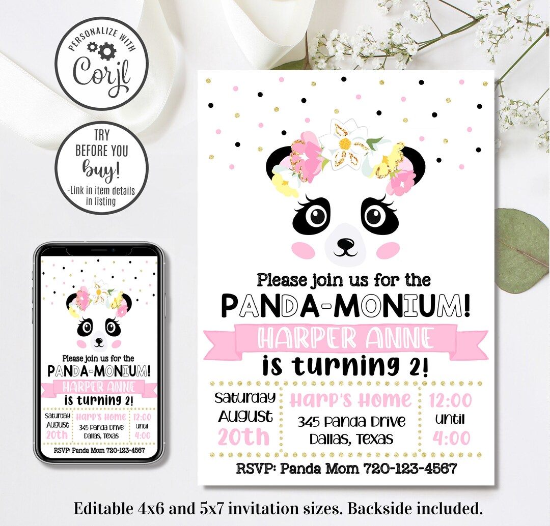 Editable Panda Invitation, Panda Birthday Invitation, Panda-monium ...