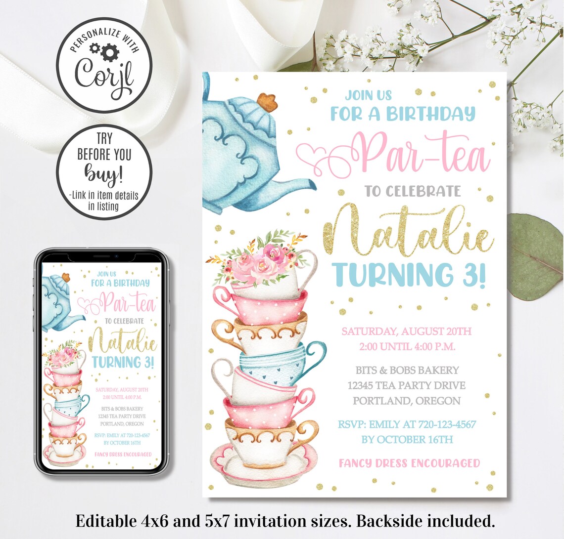 Editable Tea Party Invitation, Par-tea Invitation, Tea Party Birthday ...