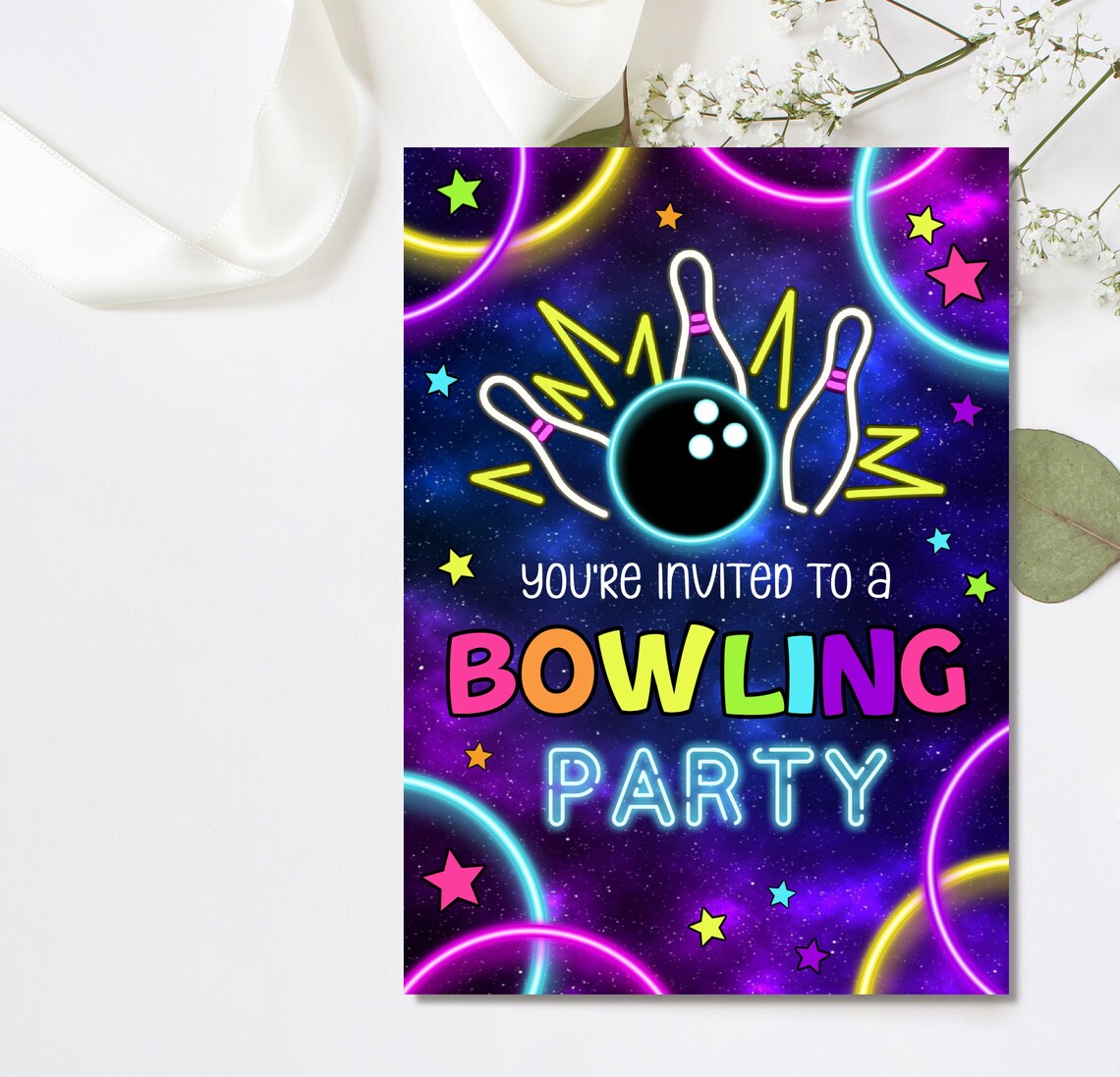 Editable Bowling Birthday Invitation, Glow Bowling Invitation, Bowling ...