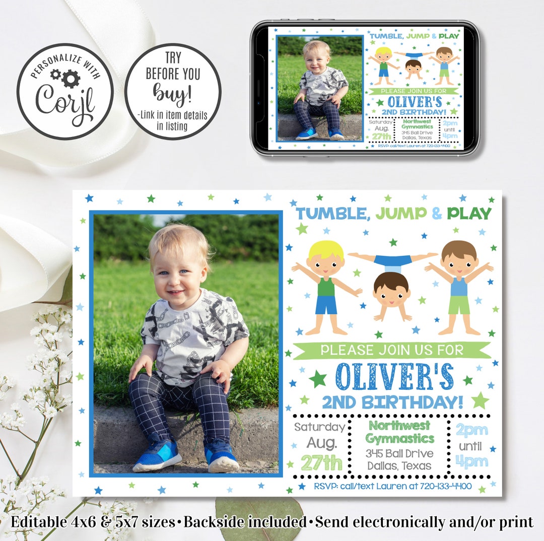 Editable Boy Gymnastics Invitation, Gymnastics Birthday Invitation ...