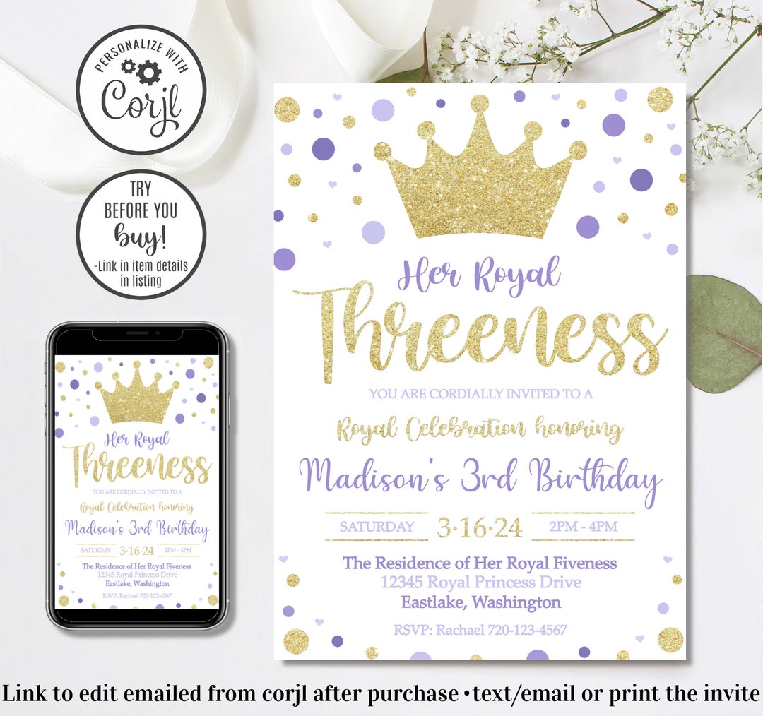 Editable Her Royal Threeness Invitation, Royal Threeness Birthday ...