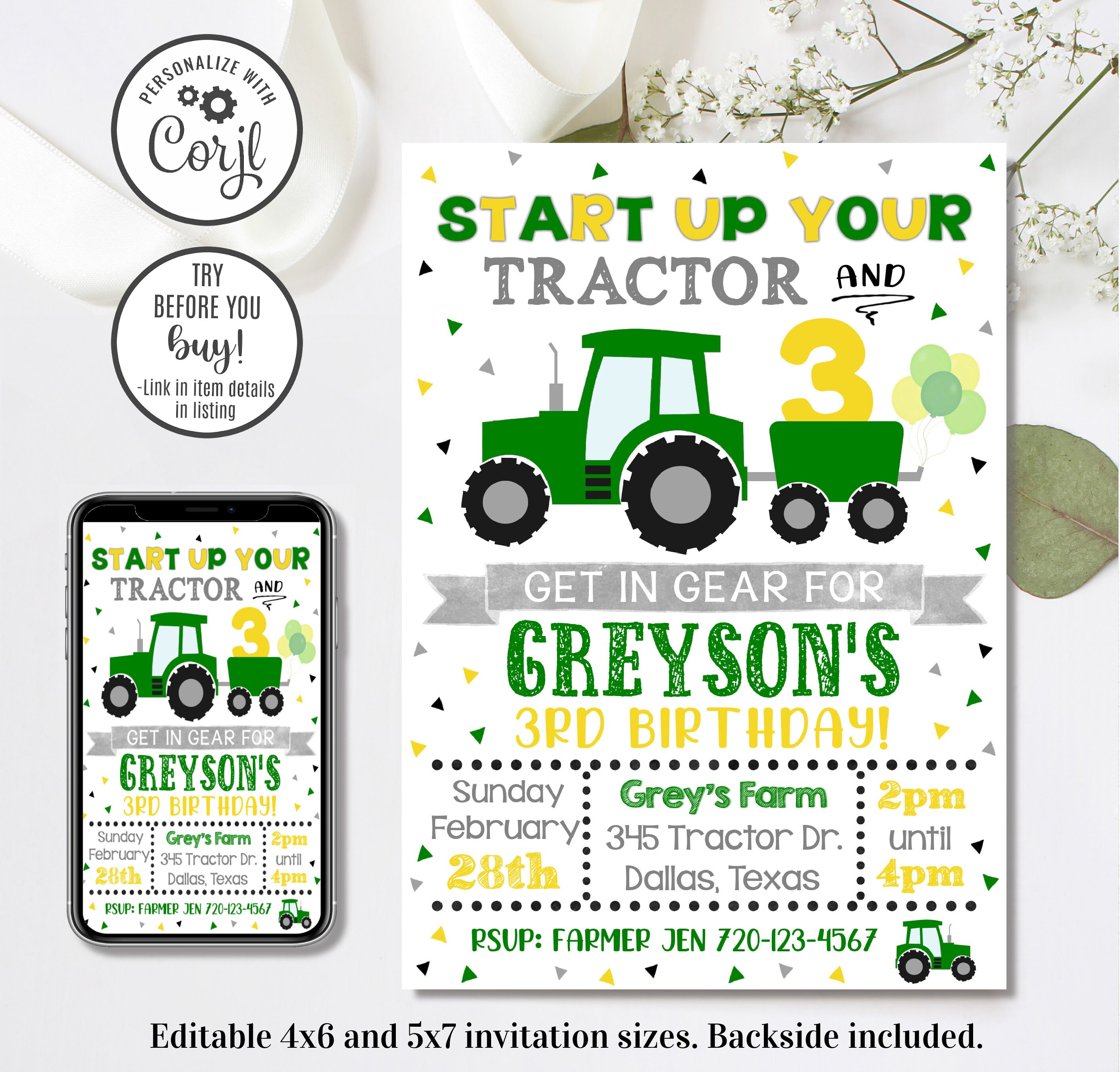 Editable Tractor Birthday Invitation, Tractor Invitation, Start Your ...