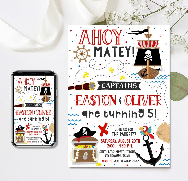 Editable Pirate Brothers Invitation Twin Boys Birthday | Etsy