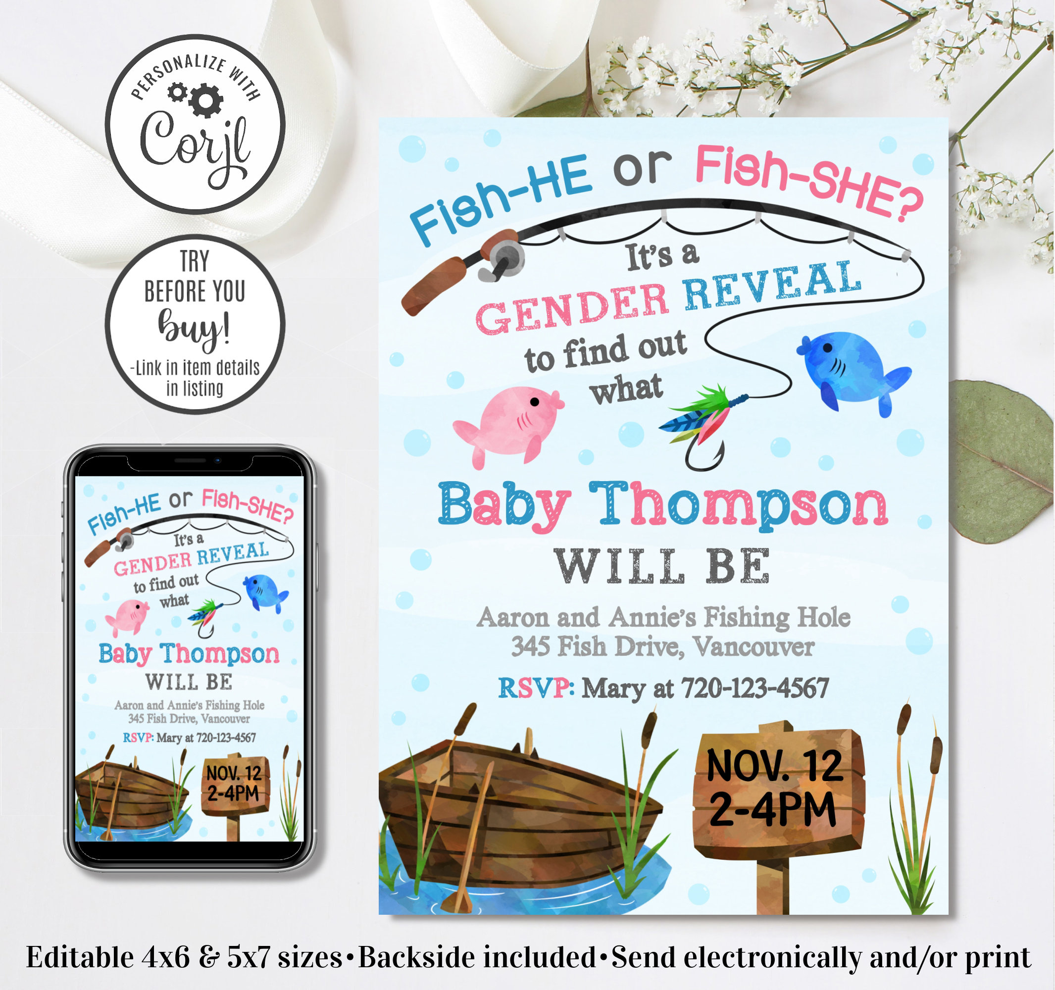 Editable Fishing Gender Reveal Invitation, Fish-he or Fi-she, Gender ...
