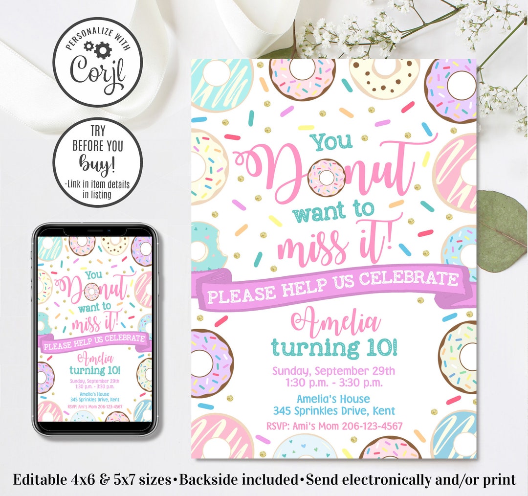 Editable Donut Birthday Invitation, Donut Invitation, Donut Miss It ...