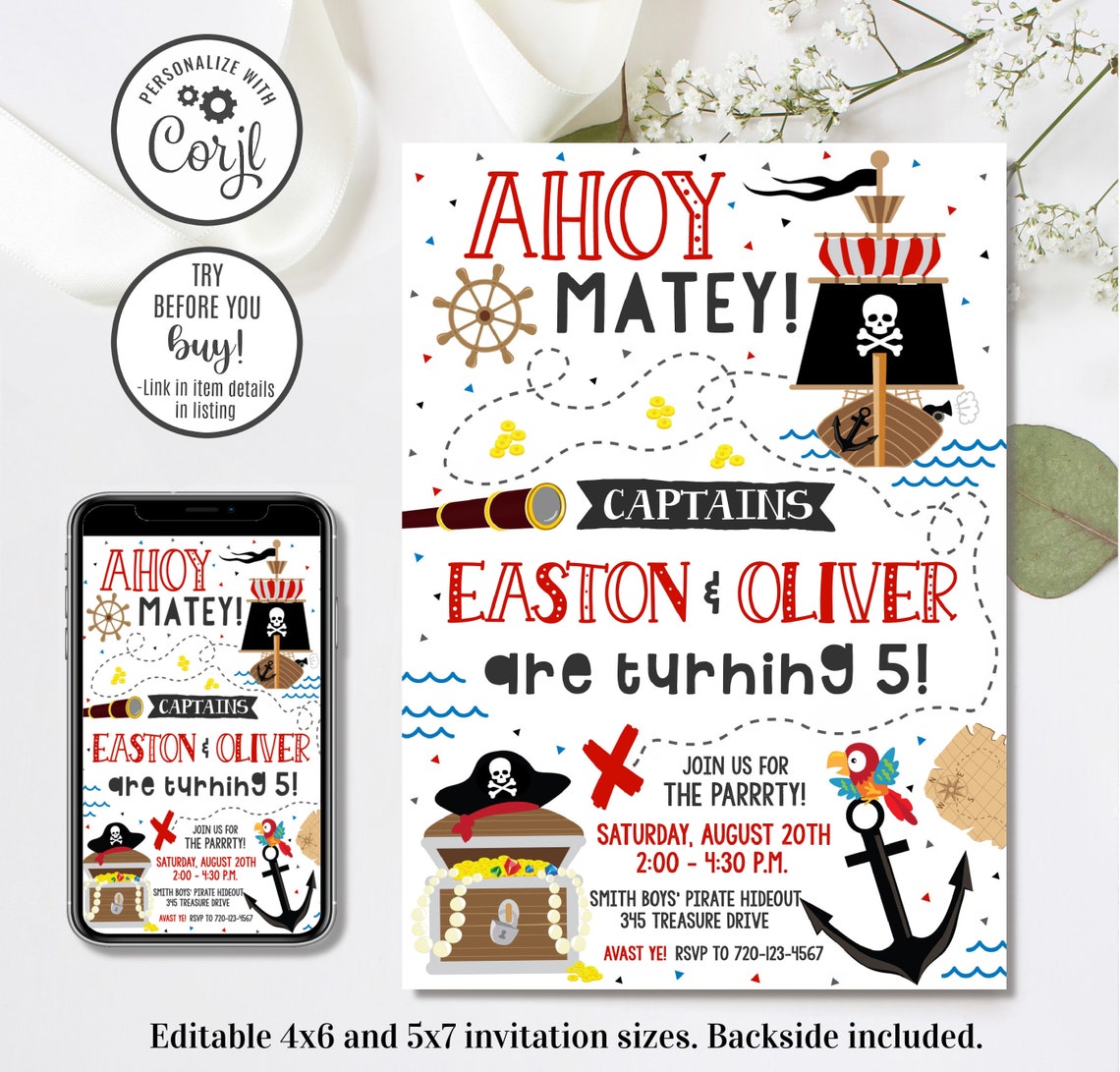 Editable Pirate Brothers Invitation Twin Boys Birthday - Etsy