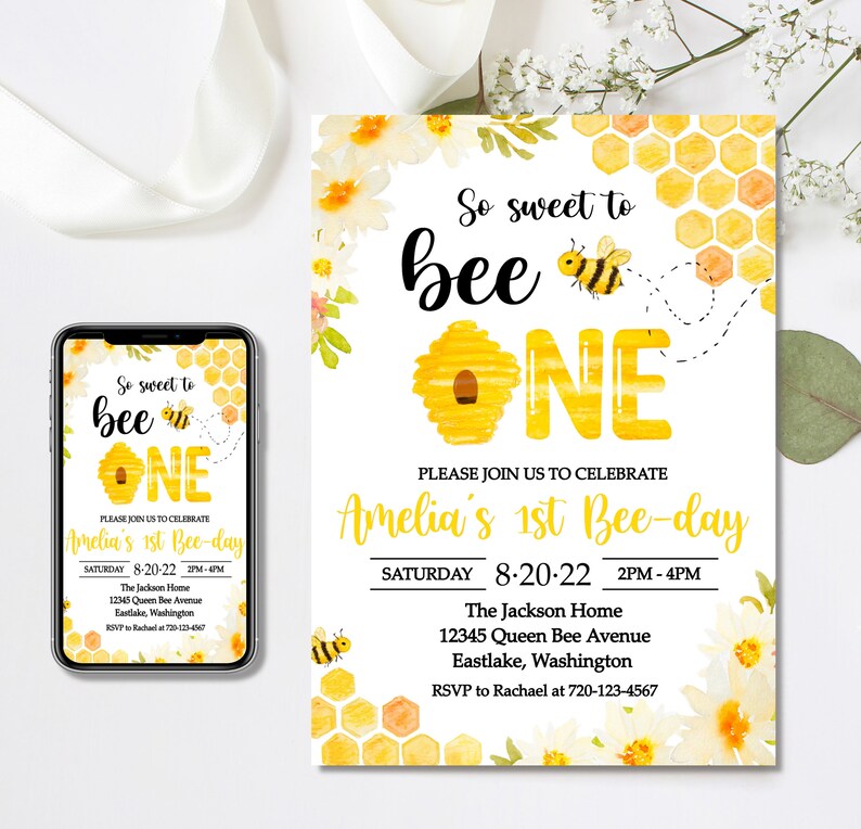 Editable Bee Birthday Invitation Bee Invitation 1st Bee-day - Etsy