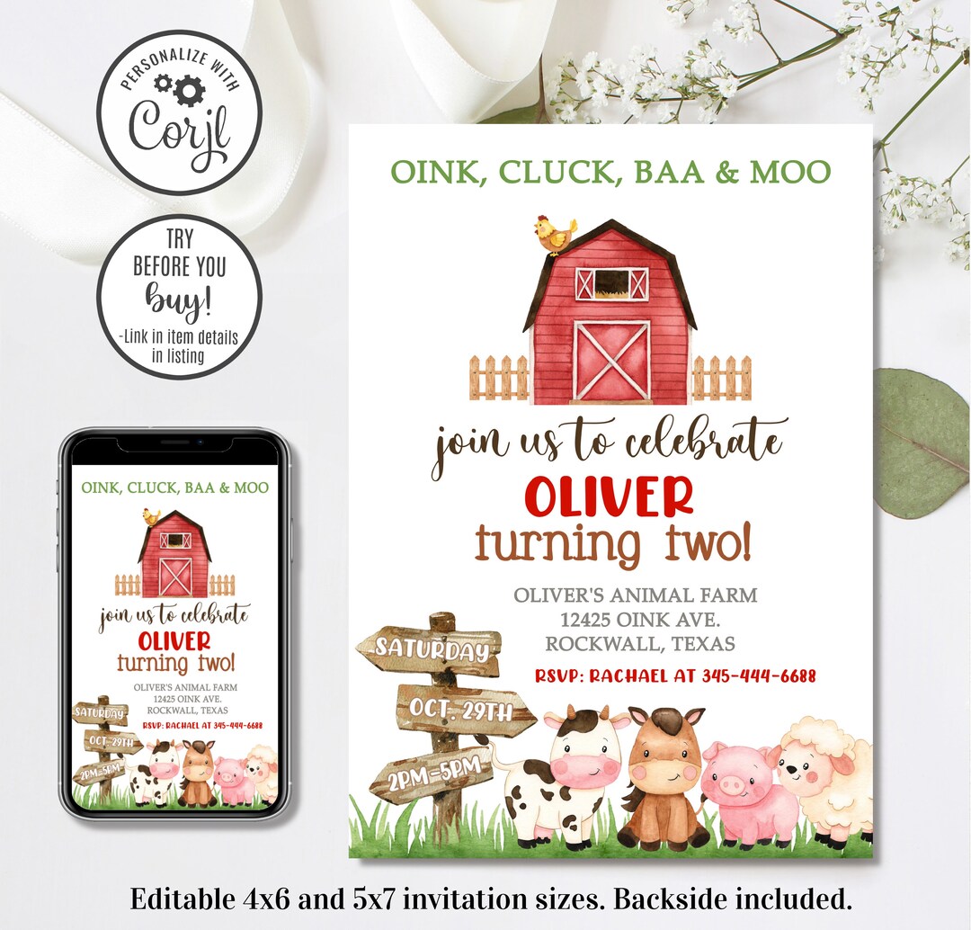 Editable Farm Birthday Invitation, Farmer Invitation, Oink Cluck Baa ...