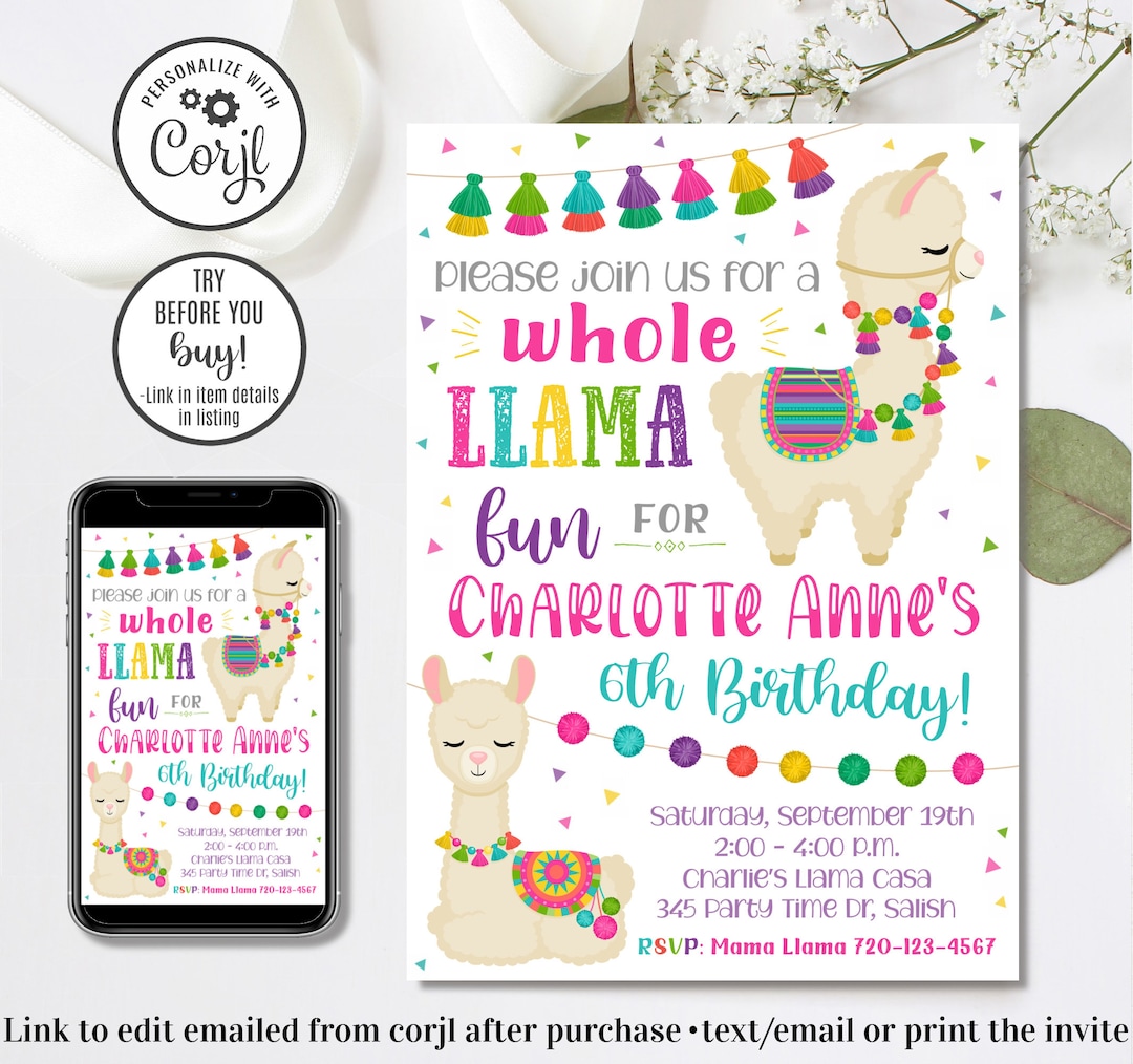 Editable Llama Birthday Invitation, Llama Invitation, A Whole Llama Fun ...