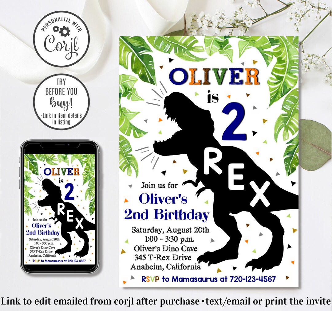 Editable Two Rex Invitation, Dinosaur Invitation, Dinosaur 2nd Birthday ...