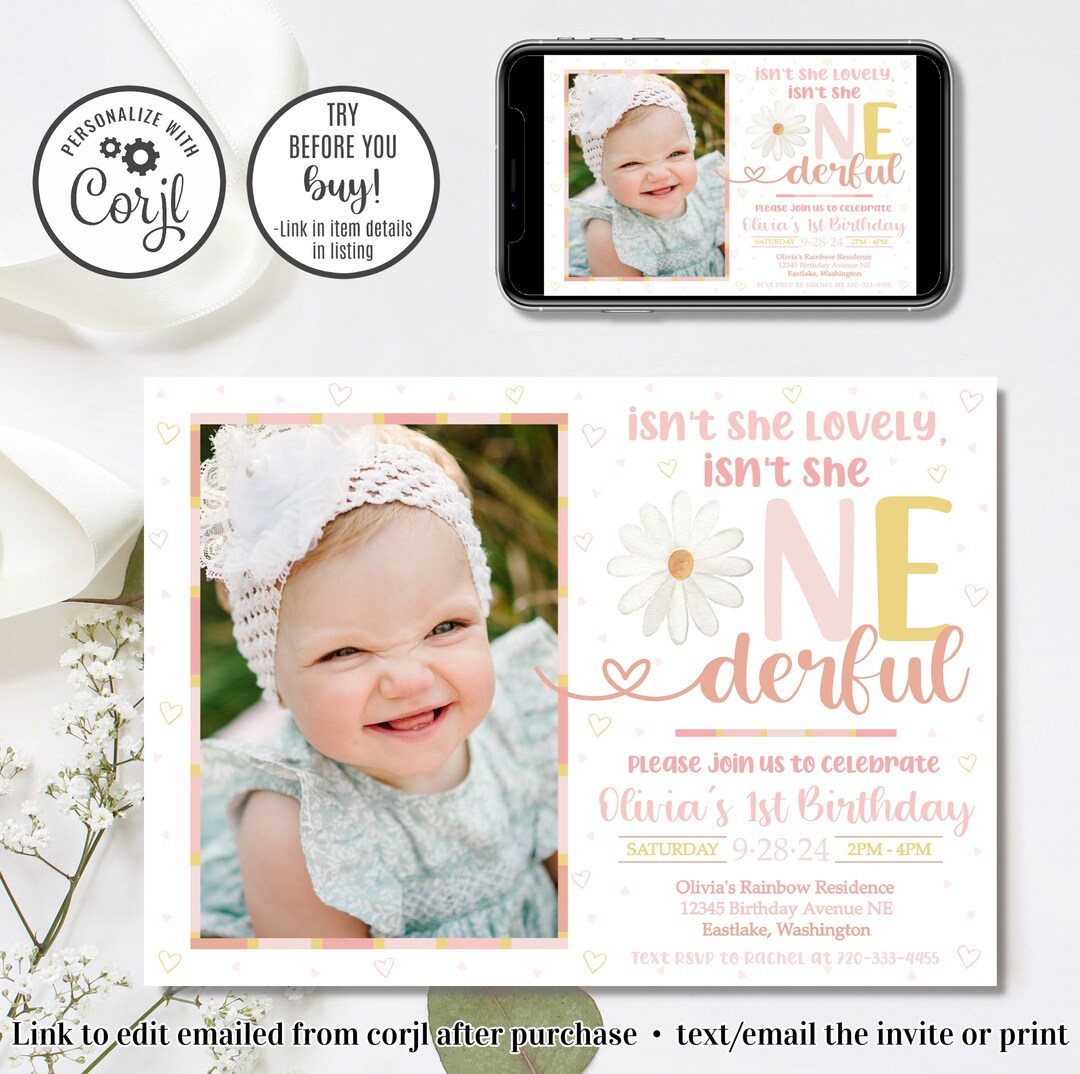 Editable Daisy 1st Birthday Invitation, Onederful Birthday Invitation ...