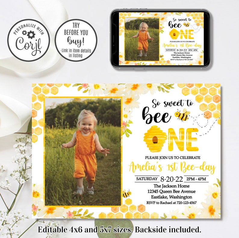 Editable Bee Birthday Invitation Bee Invitation 1st Bee-day - Etsy