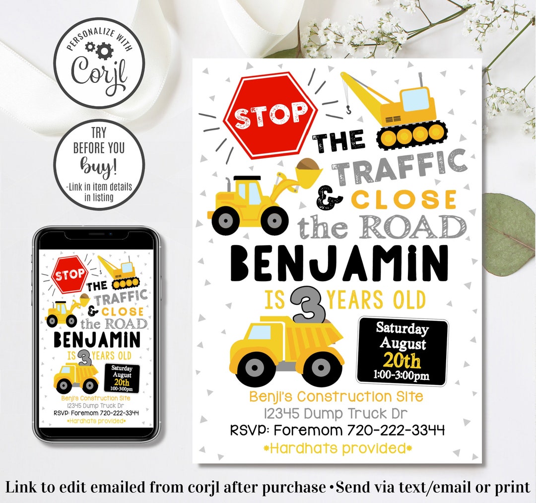 Editable Construction Invitation, Construction Birthday Invitation ...