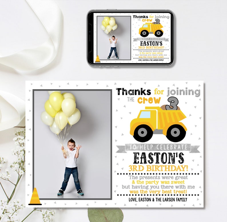 Editable Construction Thank You Card Construction Birthday Etsy