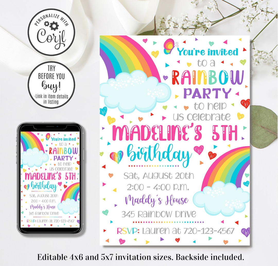 Editable Rainbow Invitation, Bright Rainbow Birthday Invitation ...