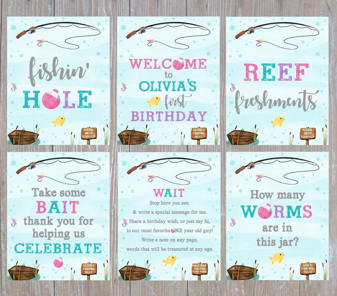 Editable Girl Fishing Party Signs, Fishing Birthday Signs, 1st Birthday ...