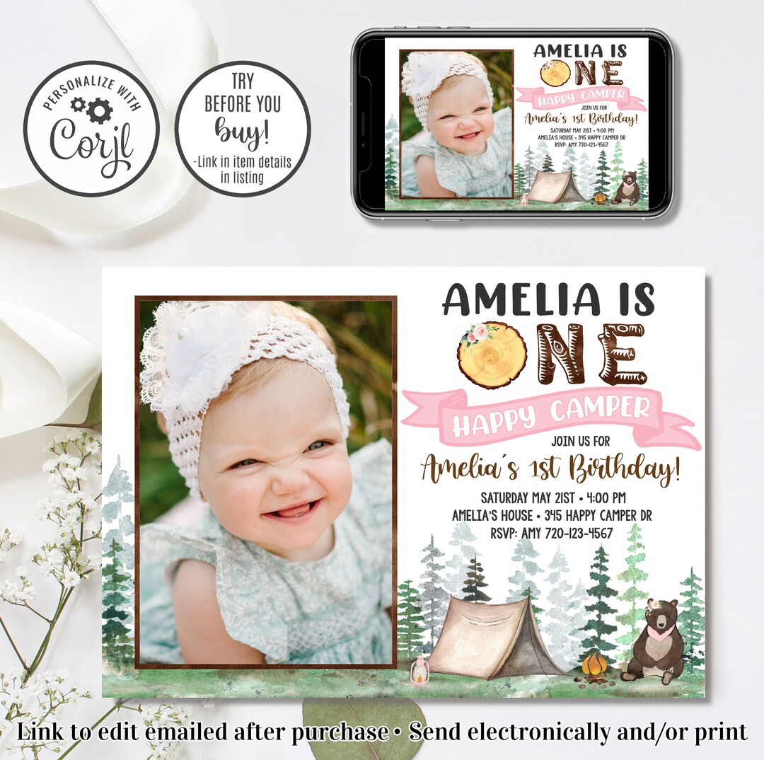 Editable Happy Camper Invitation, One Happy Camper Birthday Invitation ...