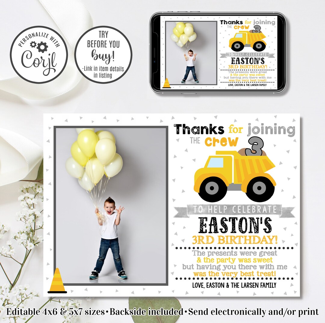 Editable Construction Thank You Card Construction Birthday Thank You