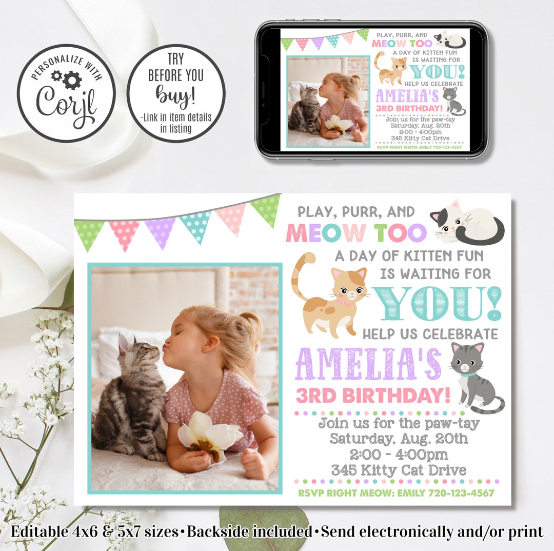 Editable Kitten Invitation, Kitten Birthday Invitation, Cat Invitation ...