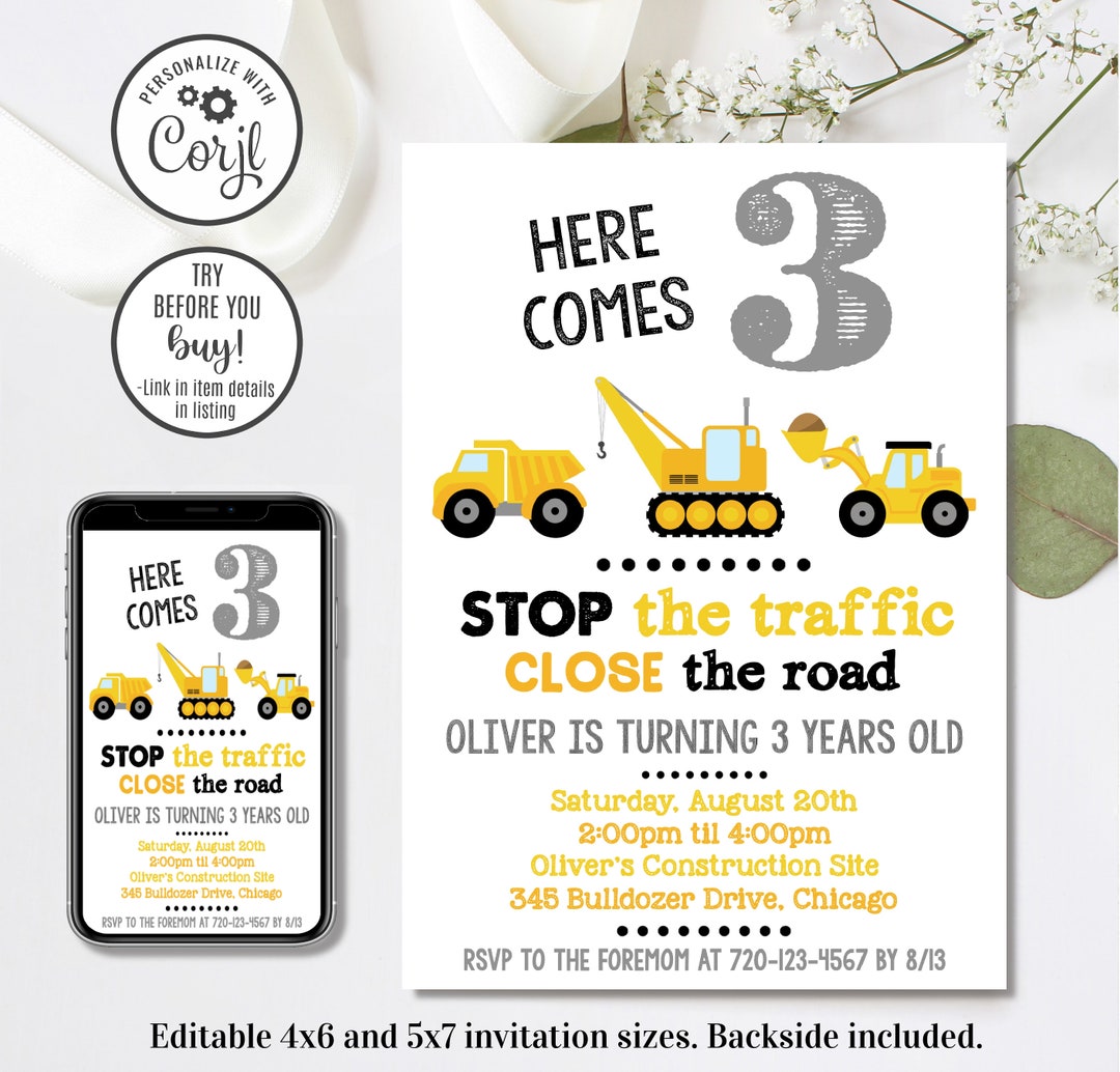 Editable Construction Invitation, Construction Birthday Invitation ...