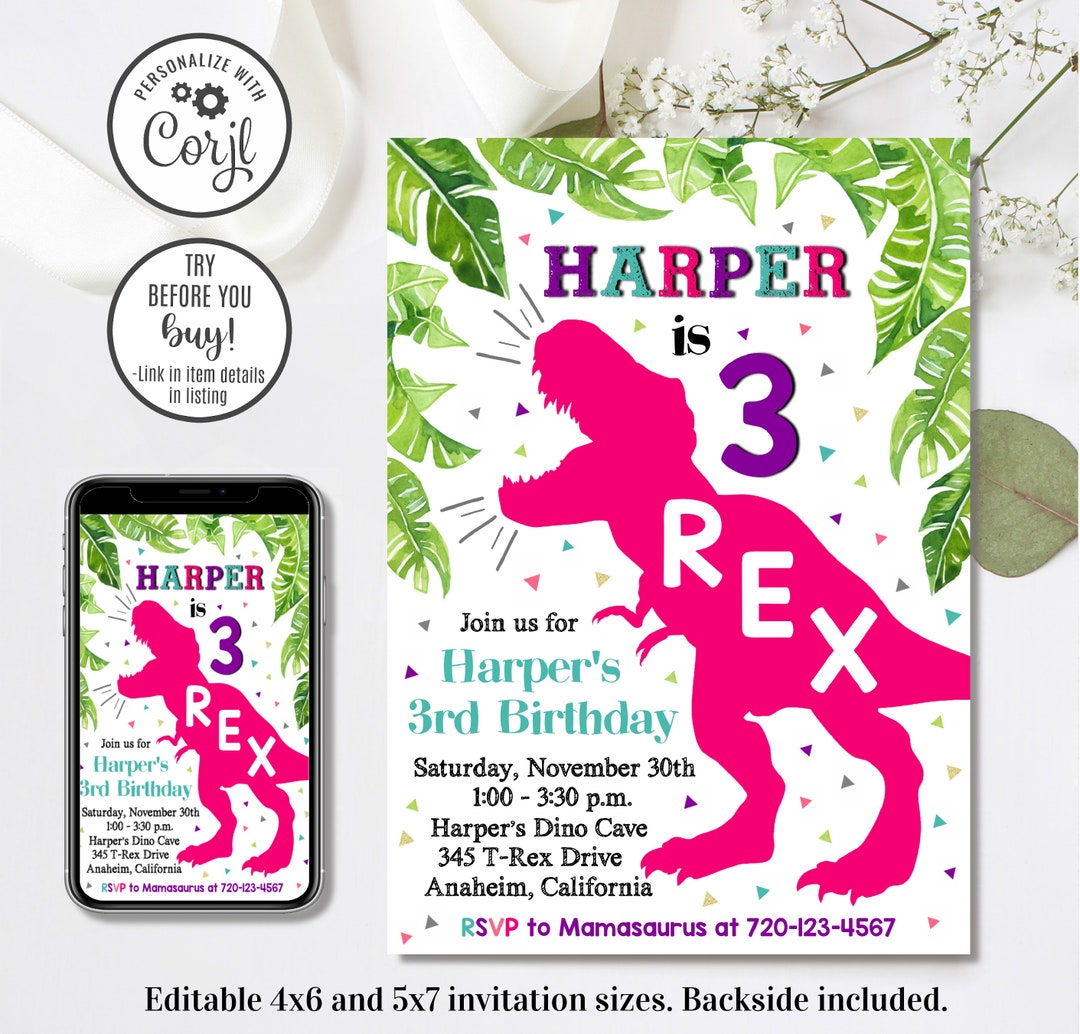 Editable Three Rex Invitation, Dinosaur Invitation, Girl 3rd Birthday ...