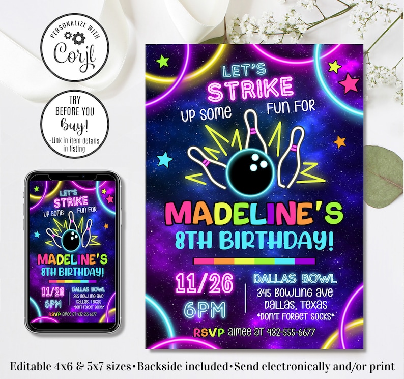Editable Bowling Birthday Invitation, Glow Bowling Invitation, Bowling ...