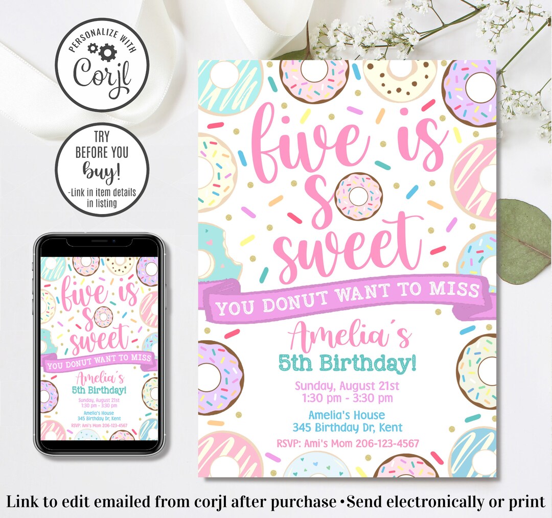 Editable Donut Invitation, Five is Sweet Invitation, Donut 5th Birthday ...