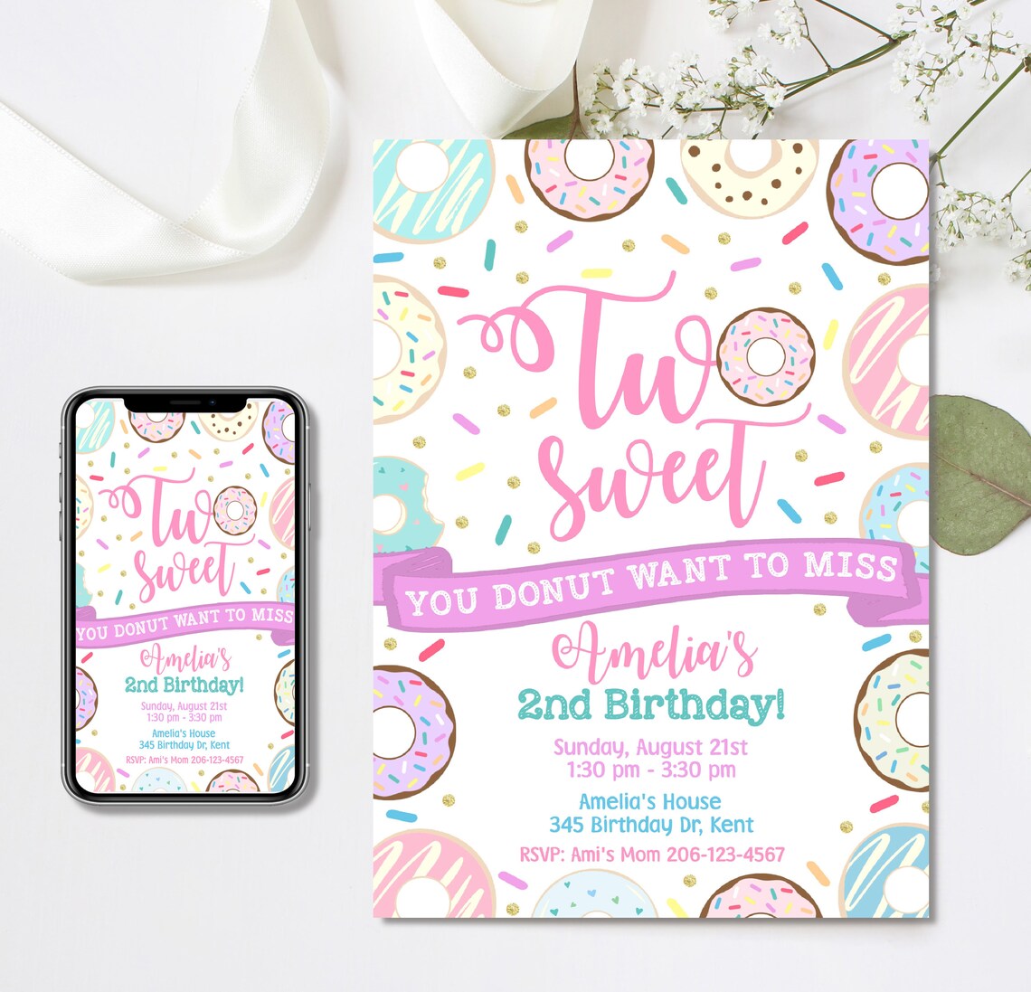 Editable Donut Invitation Two Sweet Invitation Donut 2nd | Etsy