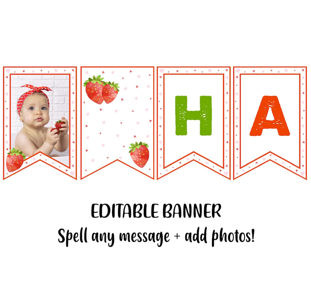 Editable Strawberry Banner, Strawberry Birthday Banner, Berry 1st ...