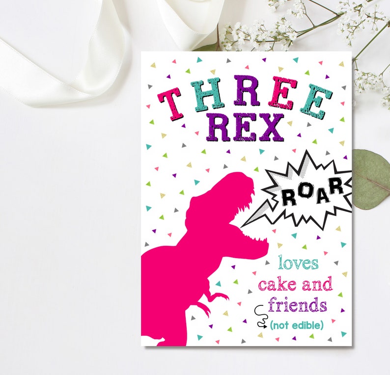 Editable Three Rex Invitation Dinosaur Invitation Girl 3rd - Etsy