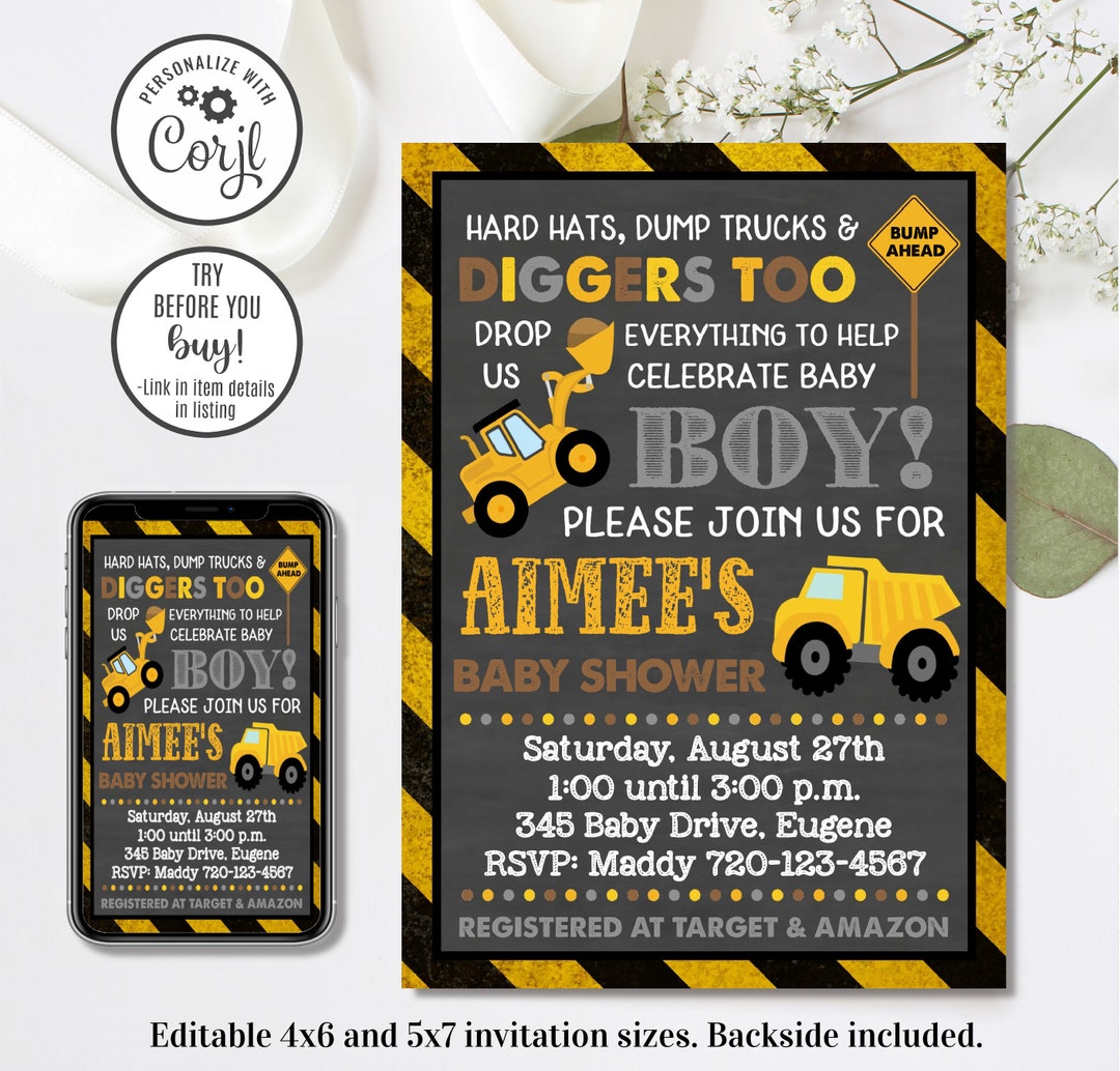 Editable Construction Baby Shower Invitation, Baby Under Construction ...