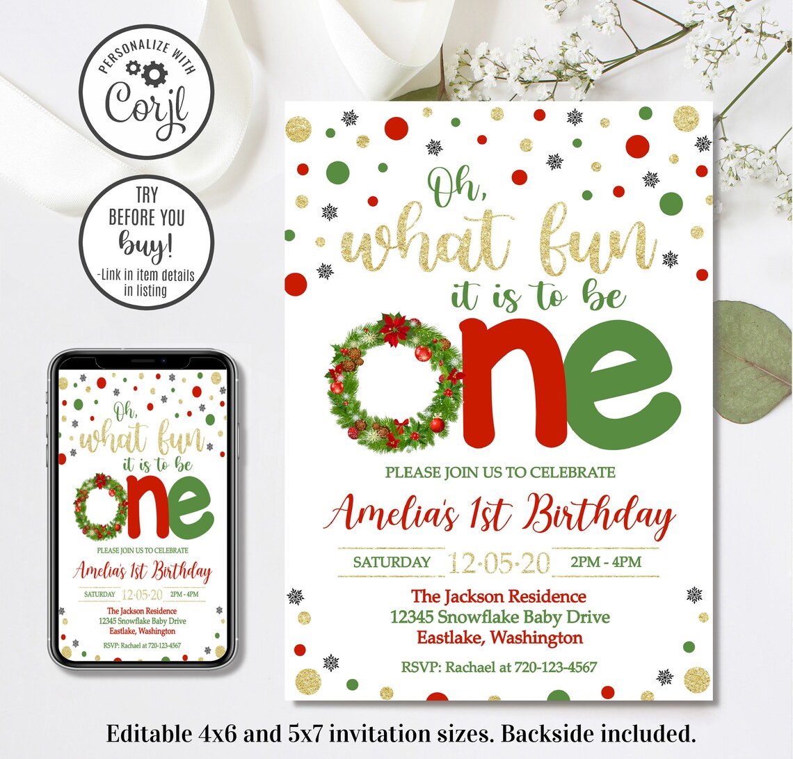 Editable Christmas 1st Birthday Invitation Winter First - Etsy