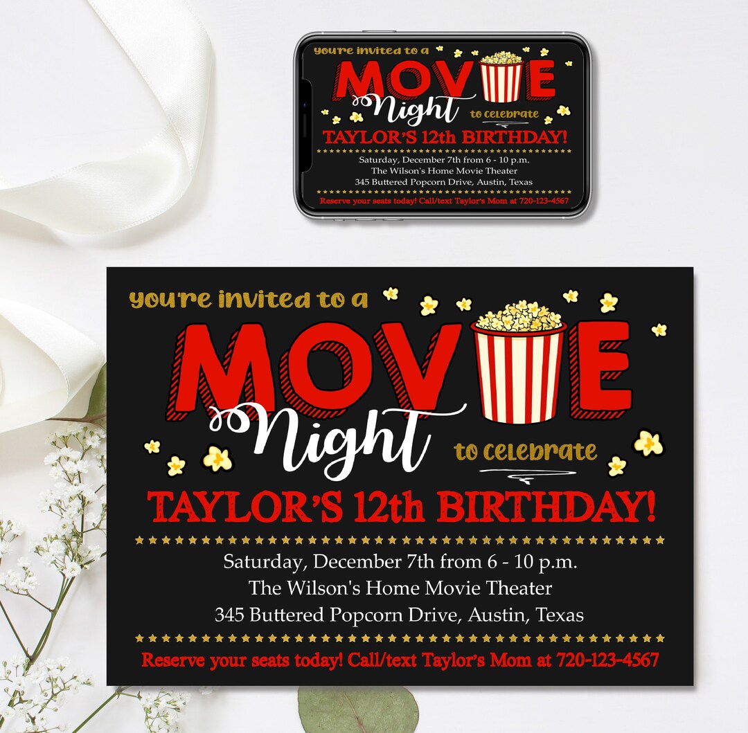 Editable Movie Invitation, Movie Birthday Invitation, Movie Theater ...
