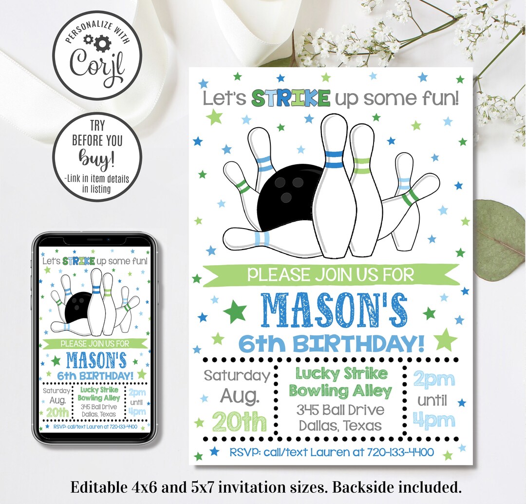 Editable Bowling Birthday Invitation, Bowling Invitation, Strike up ...