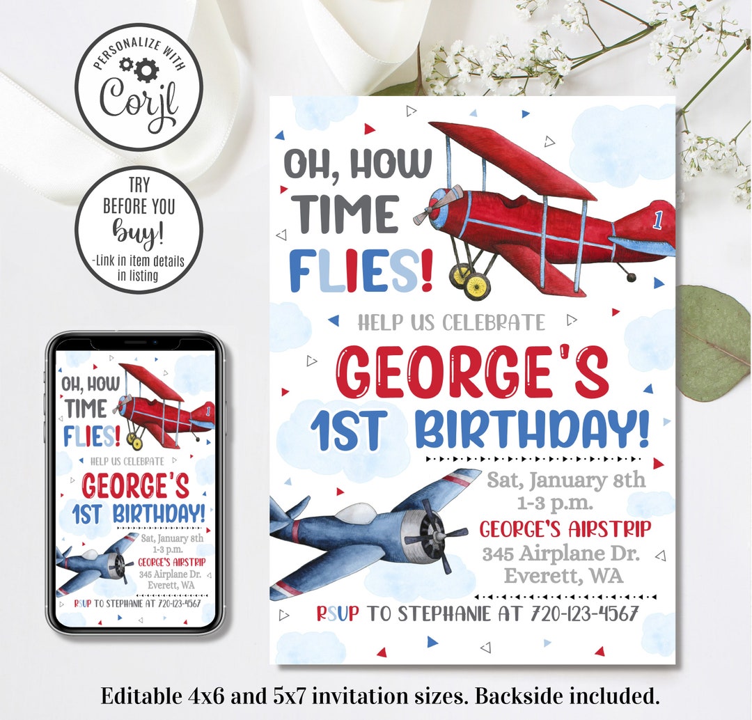 Editable Airplane Birthday Invitation, Airplane Invitation, Time Flies ...