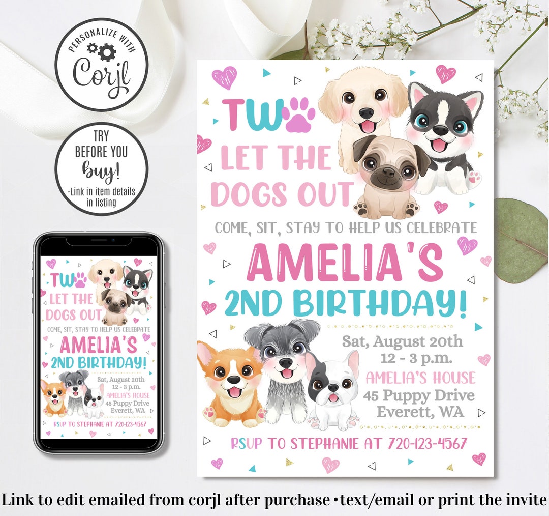 Editable Two Let the Dogs Out Invitation, Puppy Invitation, Puppy Birthday Invitation, Puppy ...