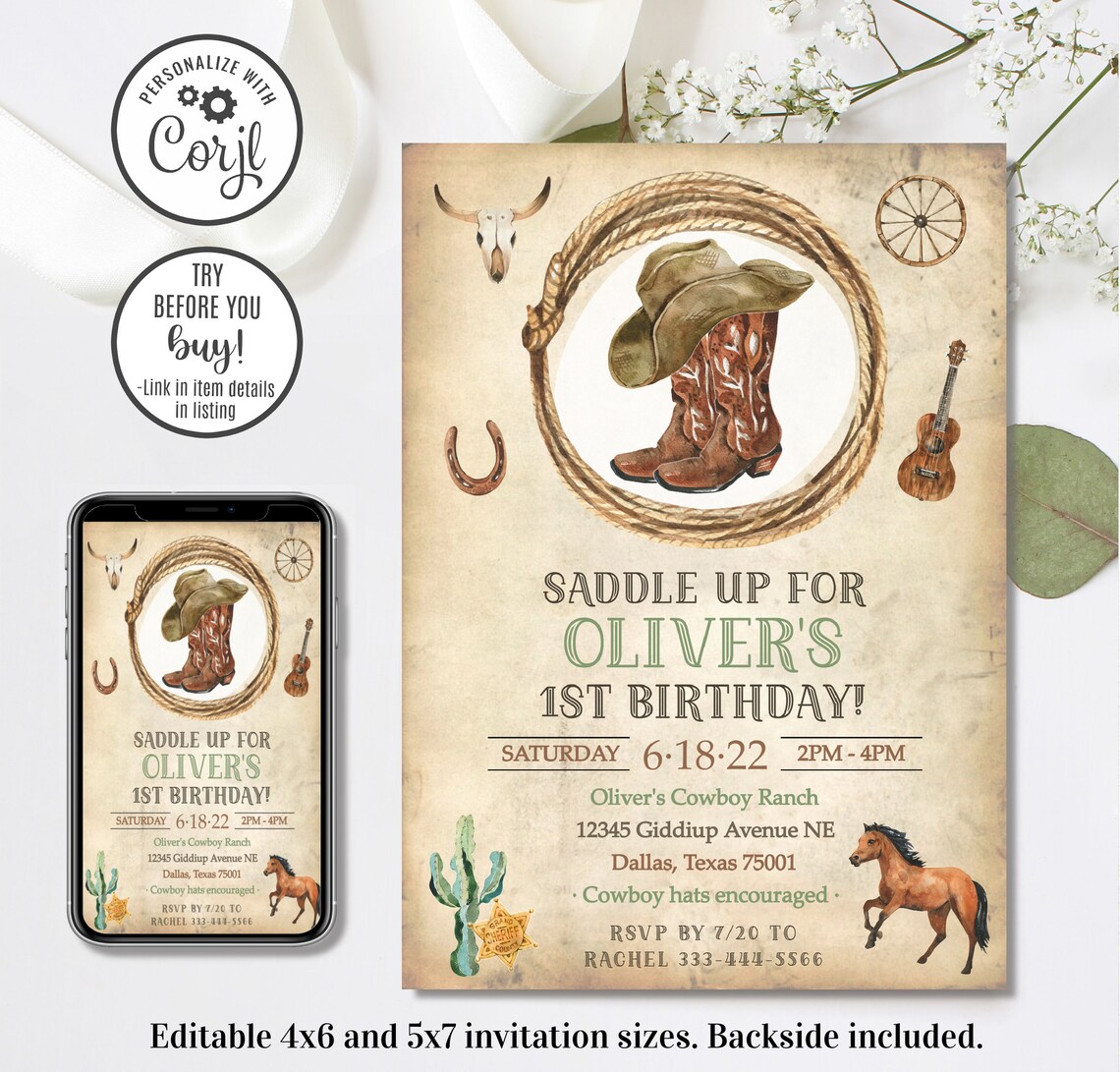 Editable Cowboy Birthday Invitation Cowboy Invitation First - Etsy