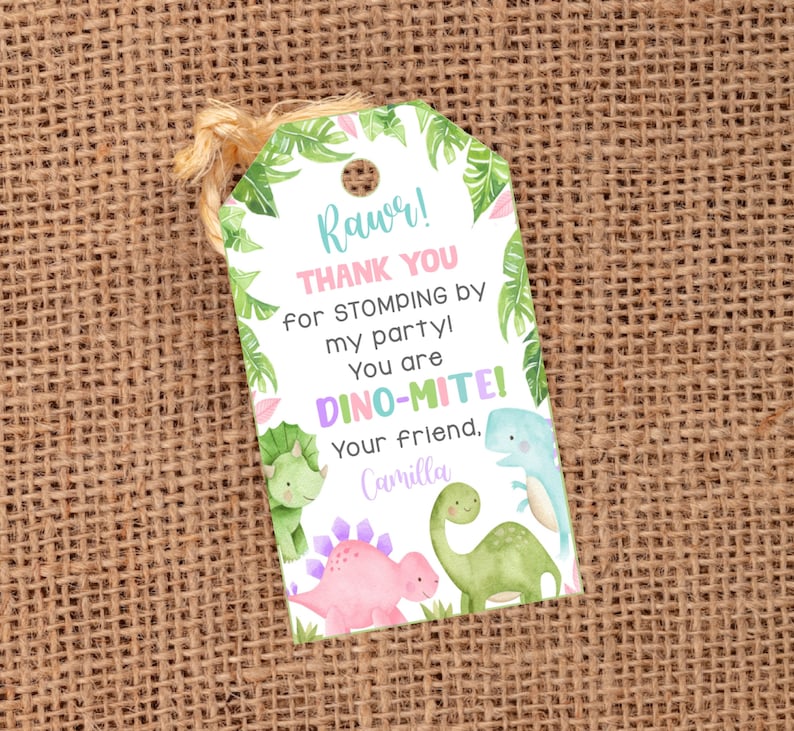 Editable Dinosaur Tag, Girl Dinosaur Party Favor Tags, Dinosaur ...