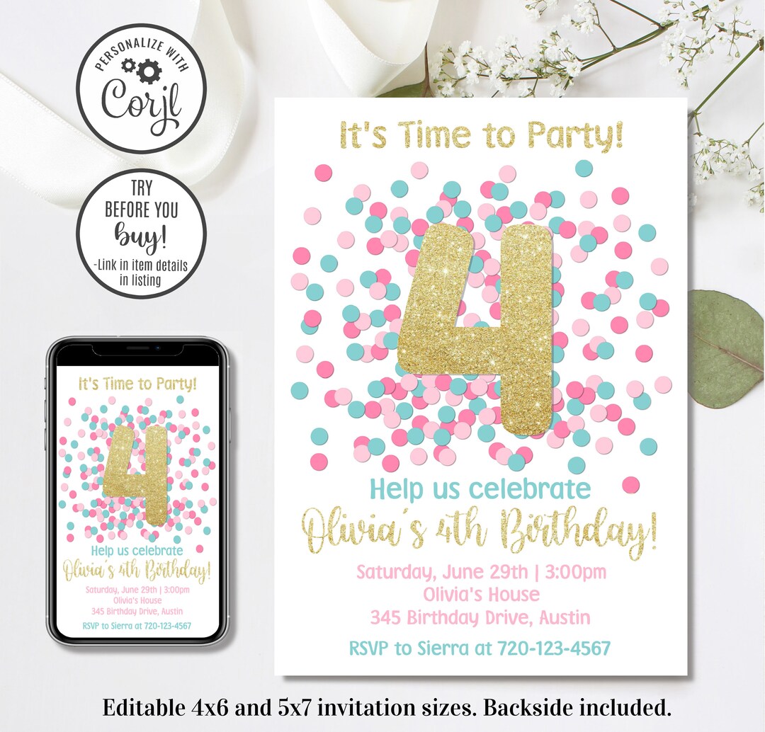 Editable 4th Birthday Invitation, Fourth Birthday Invitation, 4x6 & 5x7 ...