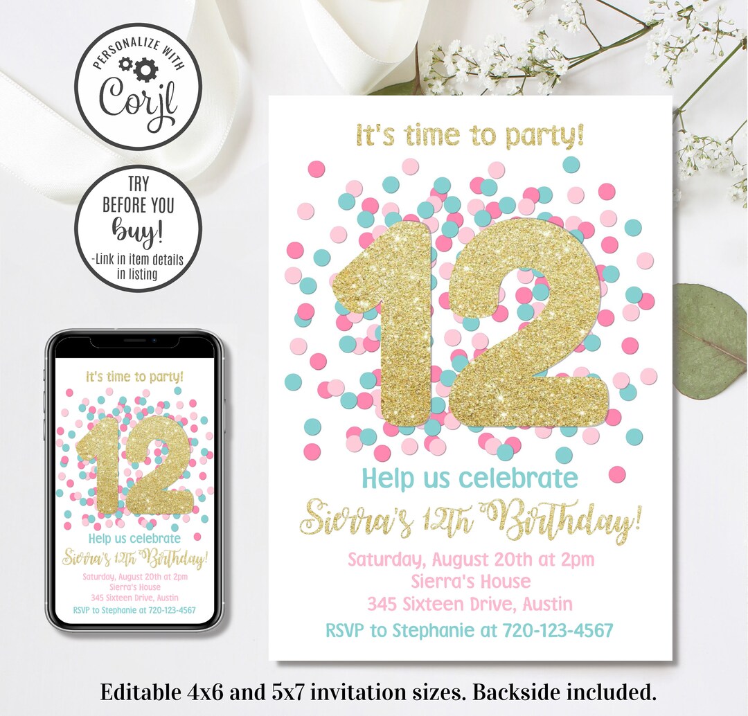 Editable 12th Birthday Invitation, Terrific 12 Birthday Invitation, 4x6 ...