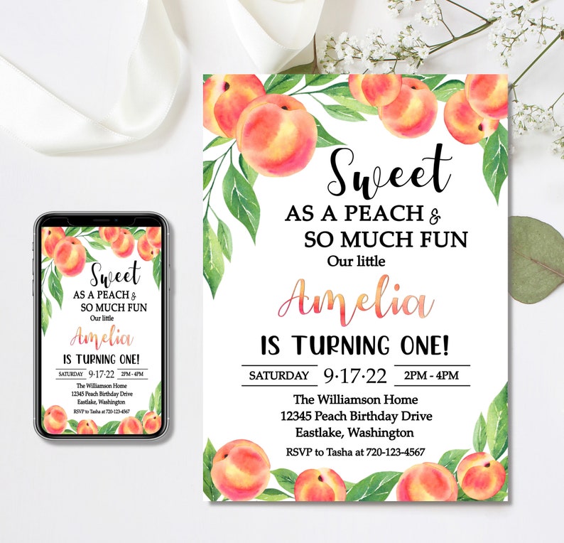 Editable Peach Birthday Invitation Sweet as a Peach - Etsy