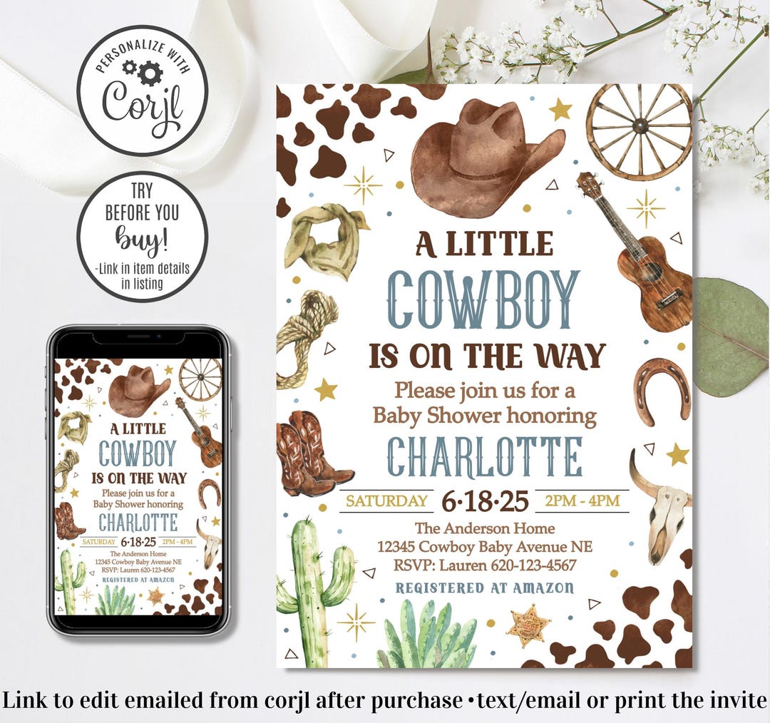 Editable Cowboy Baby Shower Invitation, A Little Cowboy Baby Shower ...