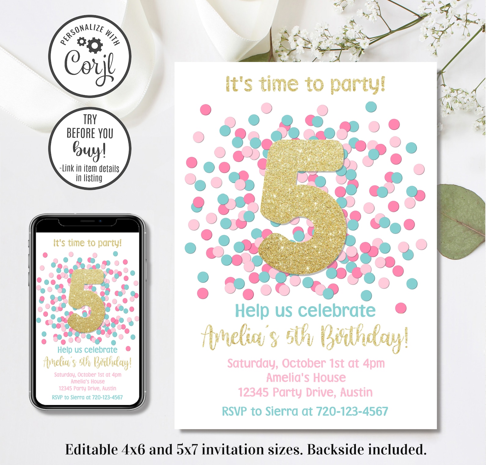 Editable 5th Birthday Invitation, Fifth Birthday Invitation, 4x6 & 5x7 ...