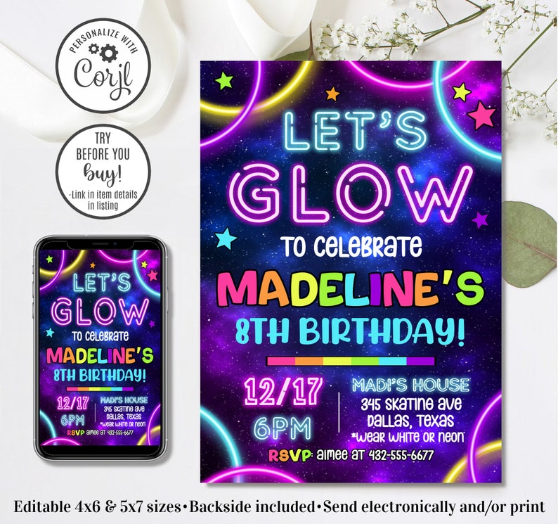 Editable Glow Invitation Glow Birthday Invitation Neon - Etsy