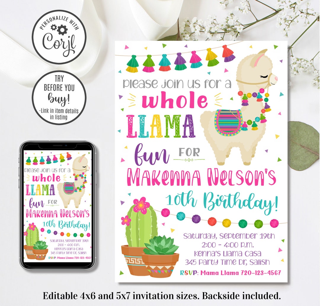 Editable Llama Birthday Invitation, Llama Invitation, A Whole Llama Fun ...