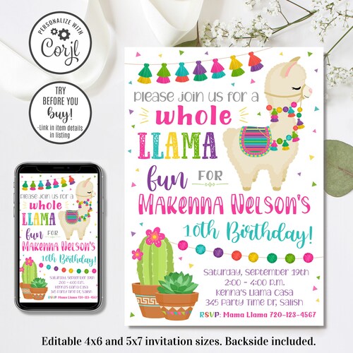 Editable Whole Llama Fun Birthday Invitation Llama Fiesta - Etsy