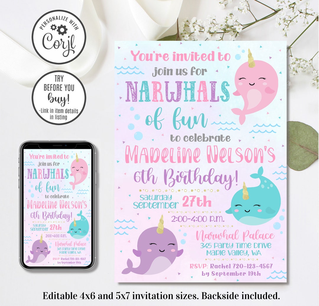 Editable Narwhal Invitation, Narwhal Birthday Invitation, Narwhals of ...